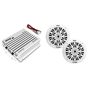 Pyle Hydra Marine Amplifier Upgraded Elite Series 400 Watt 4 Channel Audio Amplifier & 6.5 Inch Dual Marine Speakers - 2 Way Waterproof and Weather Resistant Outdoor Audio Stereo Sound System