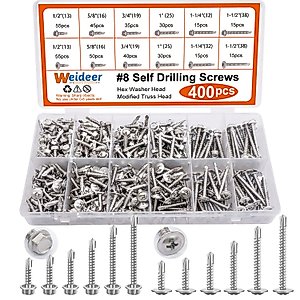 weideer 400pcs #8 Self Tapping Screws Sheet Metal Screws 410 Stainless Steel Truss Head Hex Washer Head Self Drilling Screws High-Strength Quick Tapping Screws (1/2"to1-1/2") K-056-400P