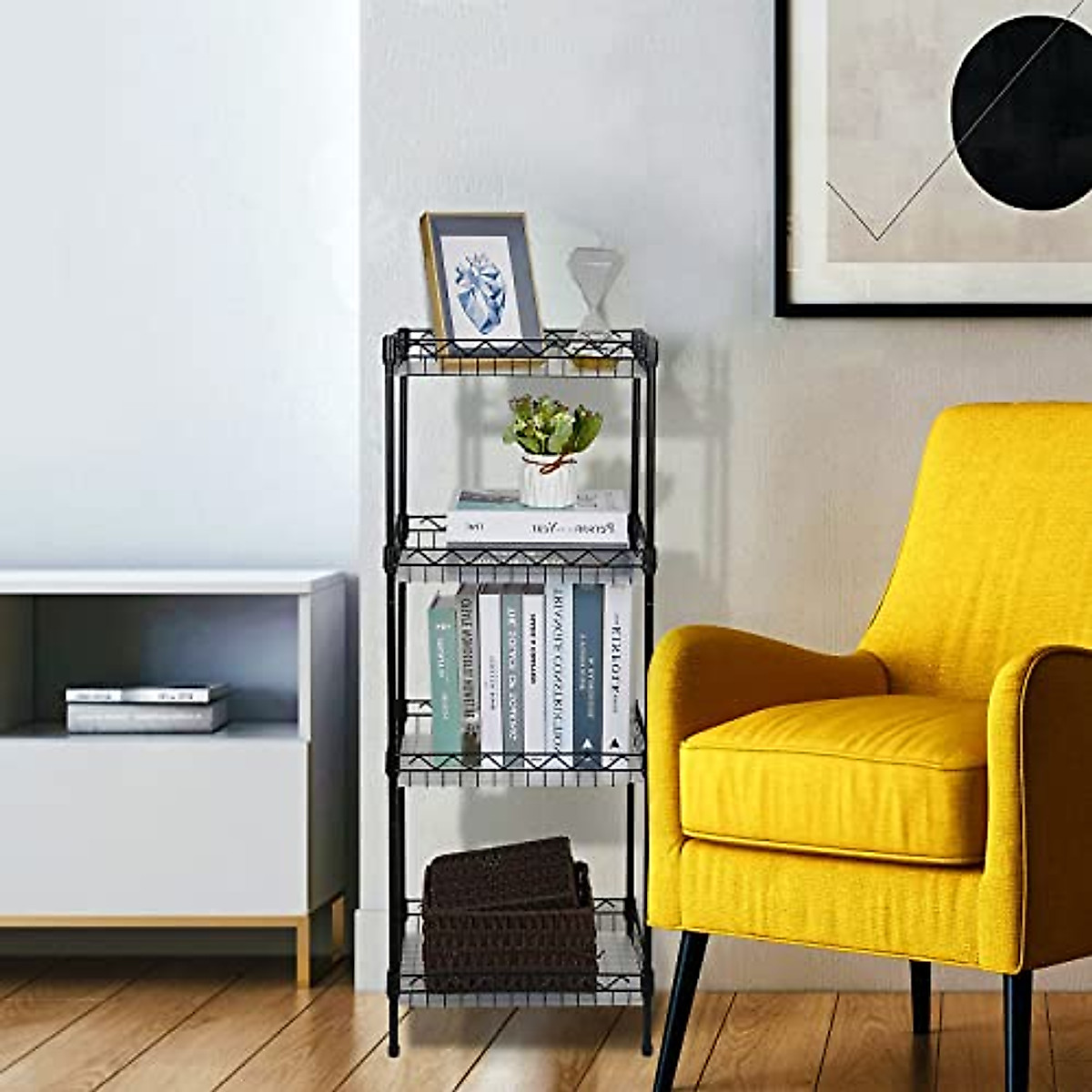 Guangfoshun Storage Shelves, 4-Tier Wire Shelving Unit with Baskets Storage Rack Corner Shelf Shelving Adjustable Storage Shelf, 11.8" D x 15.7" W x 47" H, Black