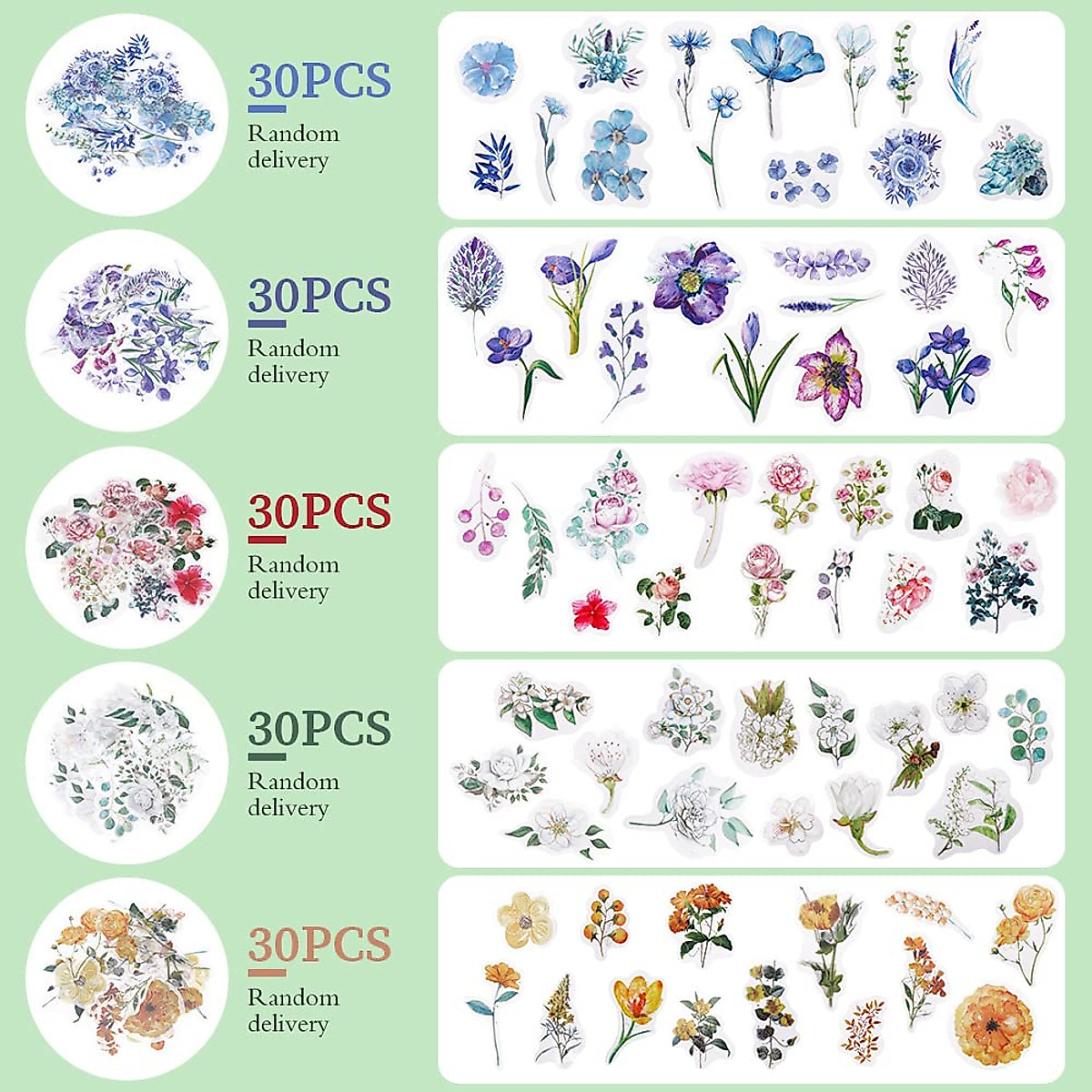 Floral Stickers,150PCS PET Transparent Floral Sticker Set,Cute Retro Floral Stickers Set for Making Diary Album DIY Art and Craft,for Laptop,Phone,Flower Gifts (As Shown)