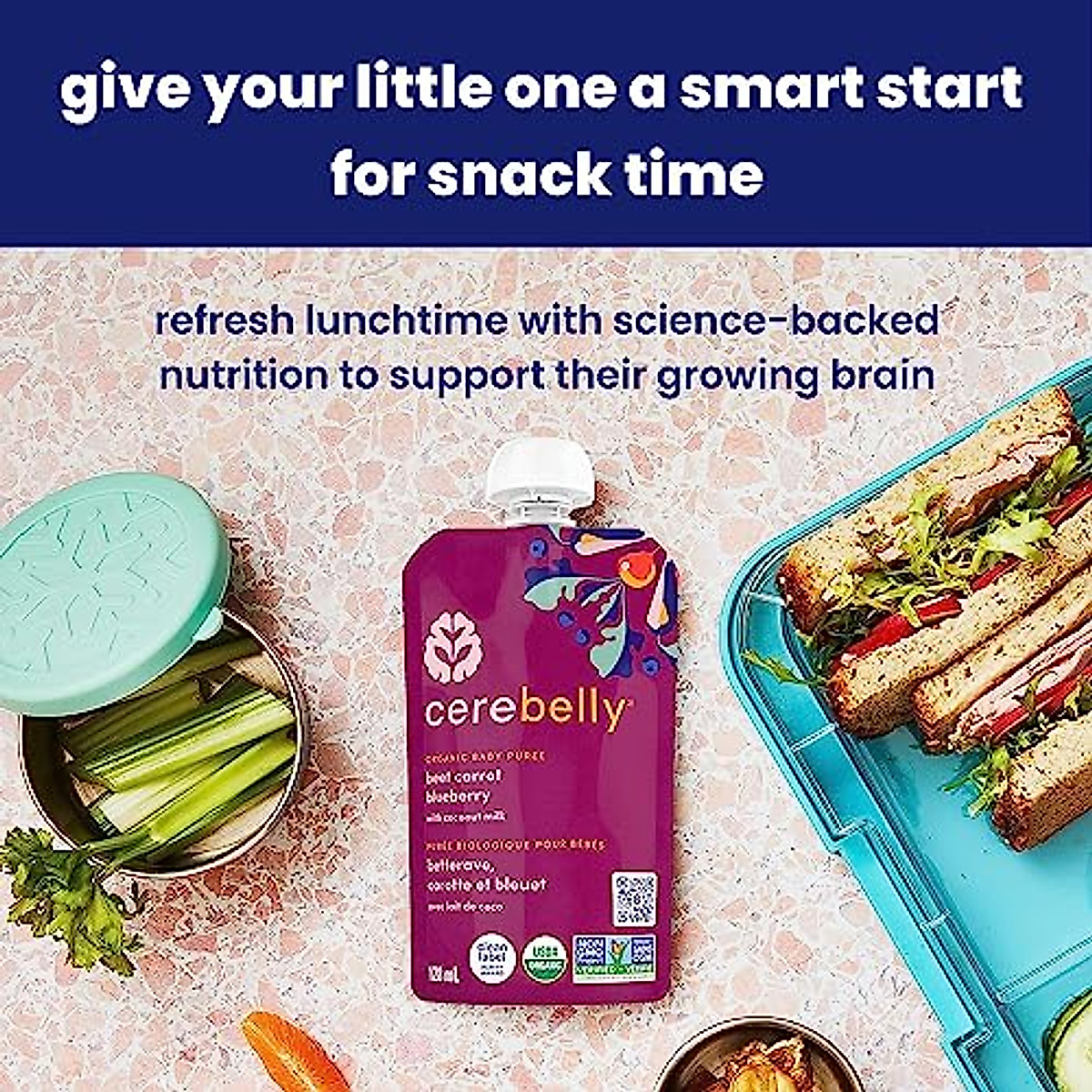 Cerebelly Organic Baby Food Pouches Kale Sweet Potato Apple (4 Ounce, 6 Count) - Toddler Snacks - 16 Brain-supporting Nutrients from Superfoods - Healthy Snacks, Gluten-Free, BPA-Free, No Added Sugar