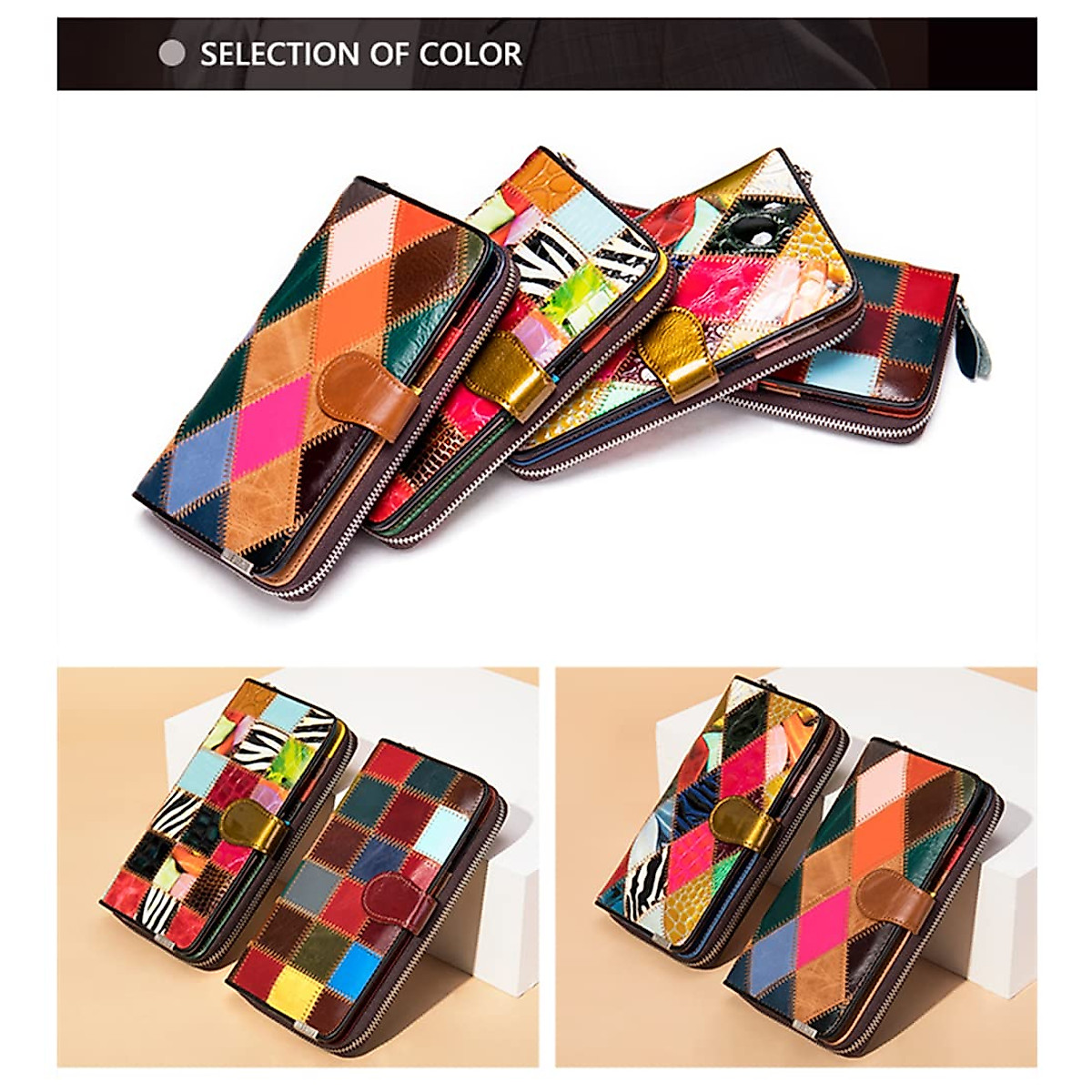 Eysee Wallets for women large Capacity Genuine Leather, zip around wallets for women, Long Stitching wallet multi color