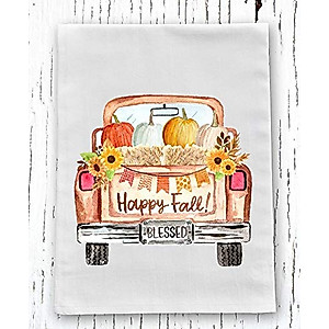 Kitchen Dish Towel - Happy Fall Flour Sack Towel - Vintage Truck with Pumpkins Dish Towel