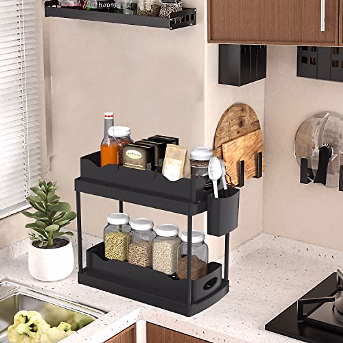 Under Sink Organizer, 2-Tier Under Sink Organizers and Storage with Double Sliding Storage Drawers, Under Sliding Cabinet Basket with Hooks, Hanging Cup, Dividers for Home, Bathroom, Kitchen