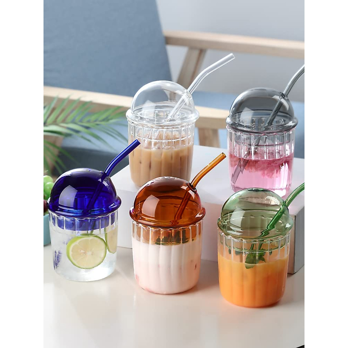 TITA-DONG Cute Drinking Glasses with Glass Dome Lid and Straw, Reusable Wide Mouth Smoothie Cups 15oz Glass Coffee Iced Cup Tumbler Glass Bubble Tea Cup for Coke Soda Home Office Bar(White)