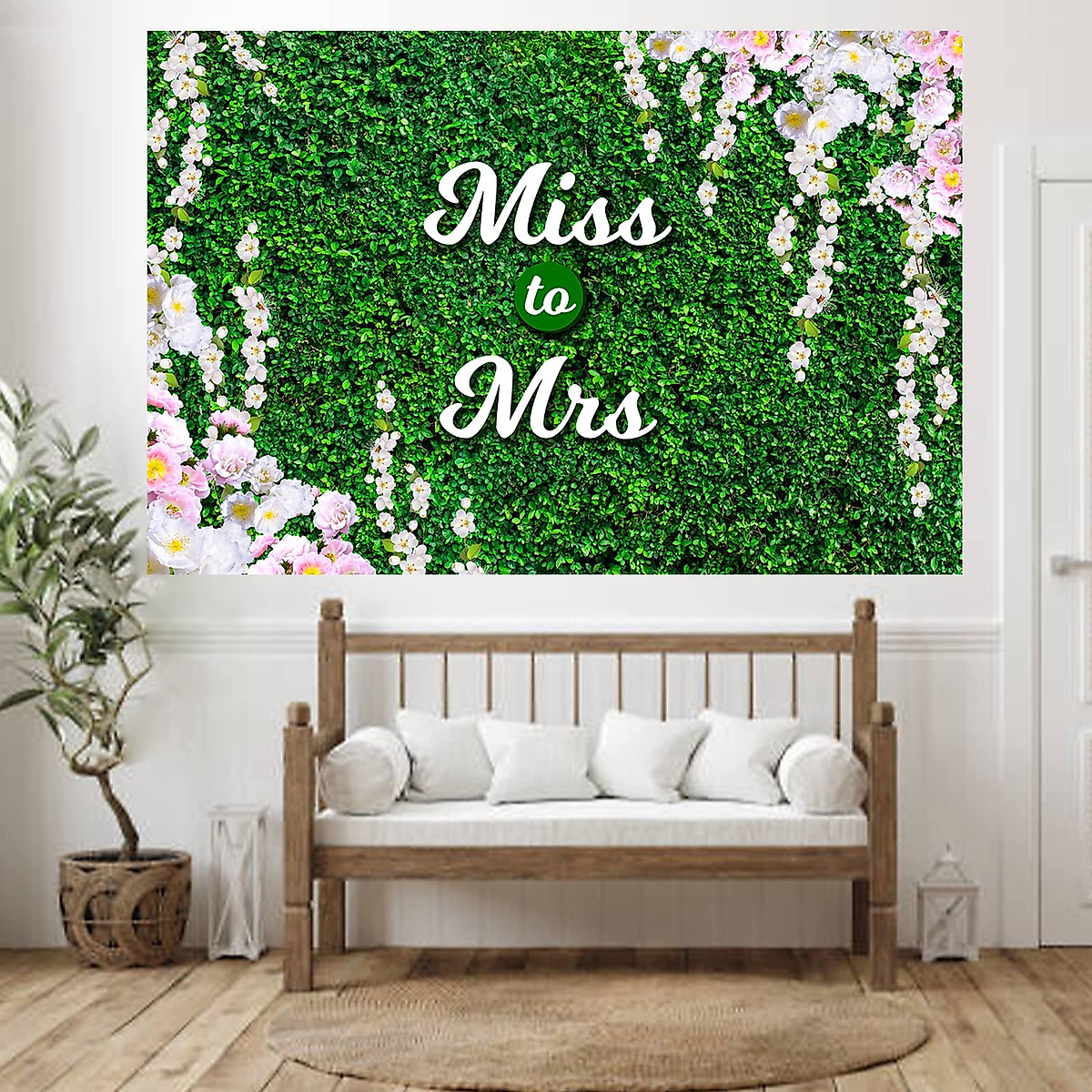 Miss to Mrs Banner Backdrop Green Meadow Flowers Theme Decor for Bachelorette Party Bridal Shower Supplies Wedding Shower Decorations Engagement Photo Booth Props