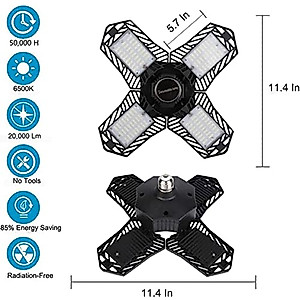 KAQ Led Garage Light 200W 20000LM Deformable, 6500K Garage Ceiling Lights with 4 Panels for E26 E27 Lampholder, Super Bright Garage Lighting Shop Work Lights, Metal Aluminum Alloy Shell Easy to Heat