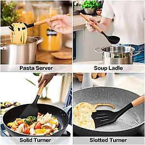 LIANYU 30 PCS Silicone kitchen Cooking Utensils Set with Holder, Heat Resistant Kitchen Essentials Utensils Set Wooden Handle, Cooking Tools Set Including Tuner, Spatula, Spoon, Ladle, Black