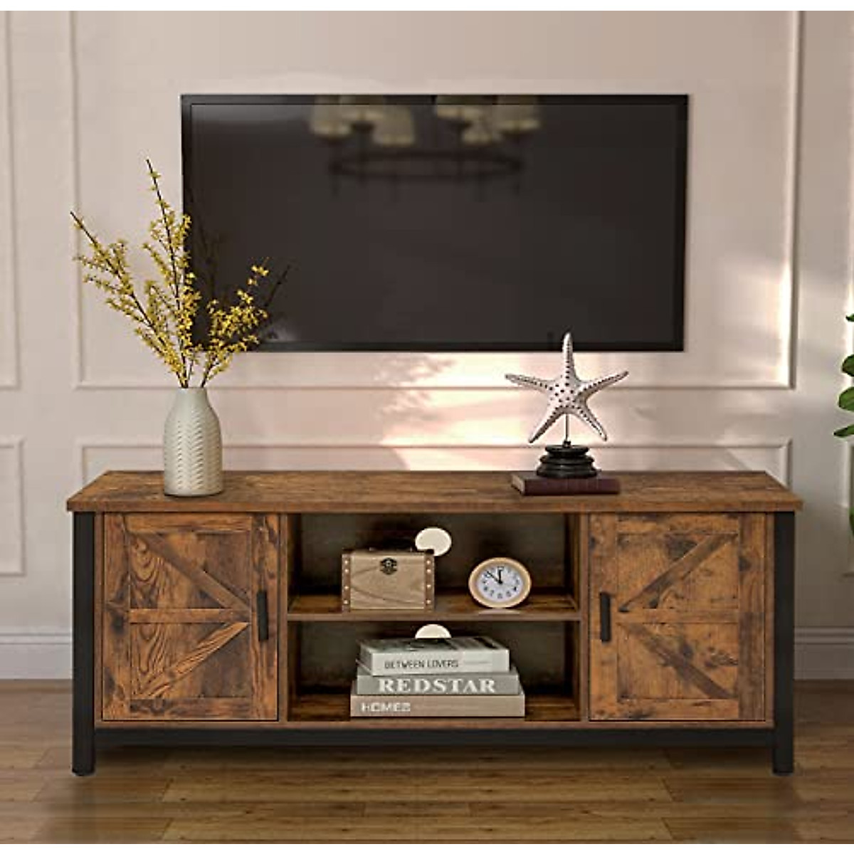 WEENFON Farmhouse TV Stand for 55 Inch TV, TV Console with Storage Barn Doors,Entertainment Center for Living Room, Bedroom, TV Stand with Stable Metal Frame,Rustic Brown