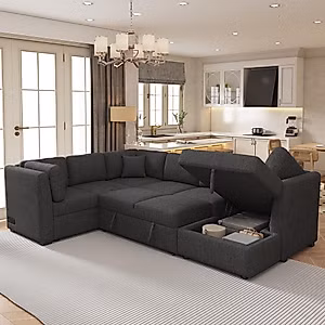 HABITRIO Sectional Sofa Bed with Storage Chaise, U Shaped Sectional Sofa with 3 Back Pillows, Pull Out Sofa Bed with 2 USB Ports for Living Room, Home, Office (Black)