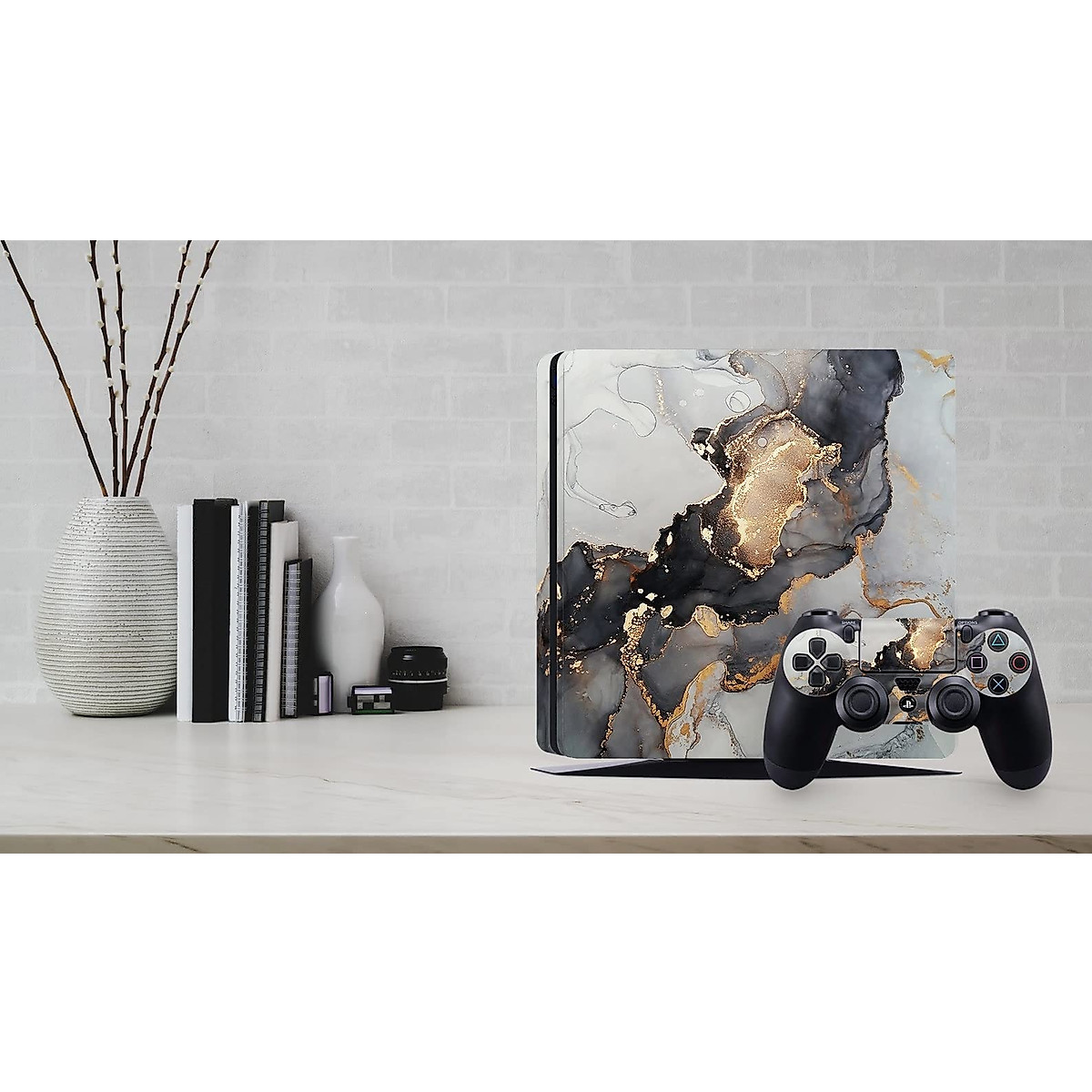 ZOOMHITSKINS Compatible with PS4 Slim Skin, Silver Grey Marble Gold Black Quartz, Durable & Fit, 3M Vinyl, Made in The USA