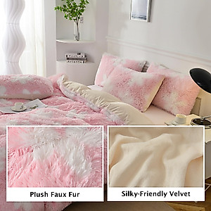 BEDMEO Tie Dye Plush Luxury Fluffy Faux Fur Duvet Cover Set,Soft Crystal Velvet Bedding Sets,Boho Bedding for 3 Pieces Chic Home Duvet Covers(1 Furry Duvet Cover + 2 Pillowcases) King,Tie-Dye Pink