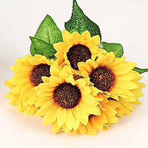 Mocoosy 4 Bunches Artificial Sunflowers Bouquets, Fake Silk Sunflowers with Stems for Decorations, Yellow Faux Sun Flowers Bulk Arrangements for Wedding Birthday Party Home Decor
