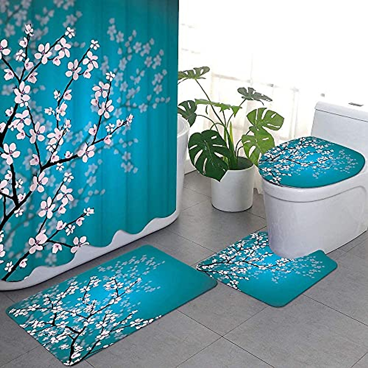 4Pcs Cherry Blossom Shower Curtain Set with Non-Slip Rugs and Toilet Lid Cover Pink Sakura Floral Blossom Teal Bath Curtains Plum Tree Bathroom Decor