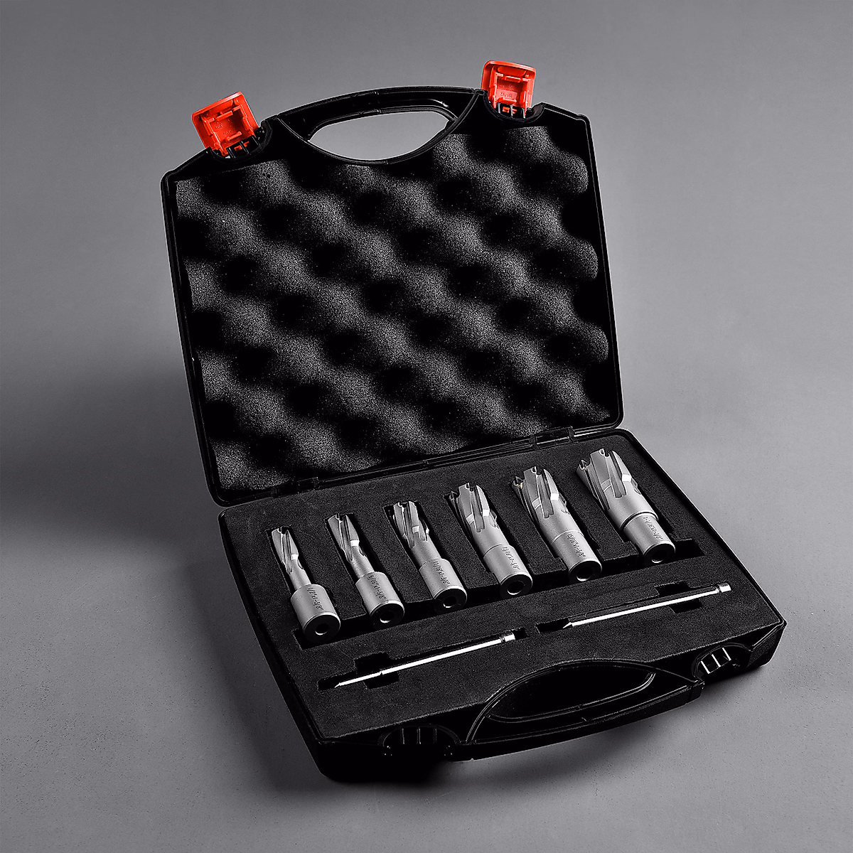 Annular Cutter Set Carbide 8pcs JESTUOUS 3/4 Inch Weldon Shank 1-3/8 Cutting Depth and Cutting Diameter from 1/2 to 1-1/16 Two Flat TCT Bit for Drill Press with 2 Pilot Pins