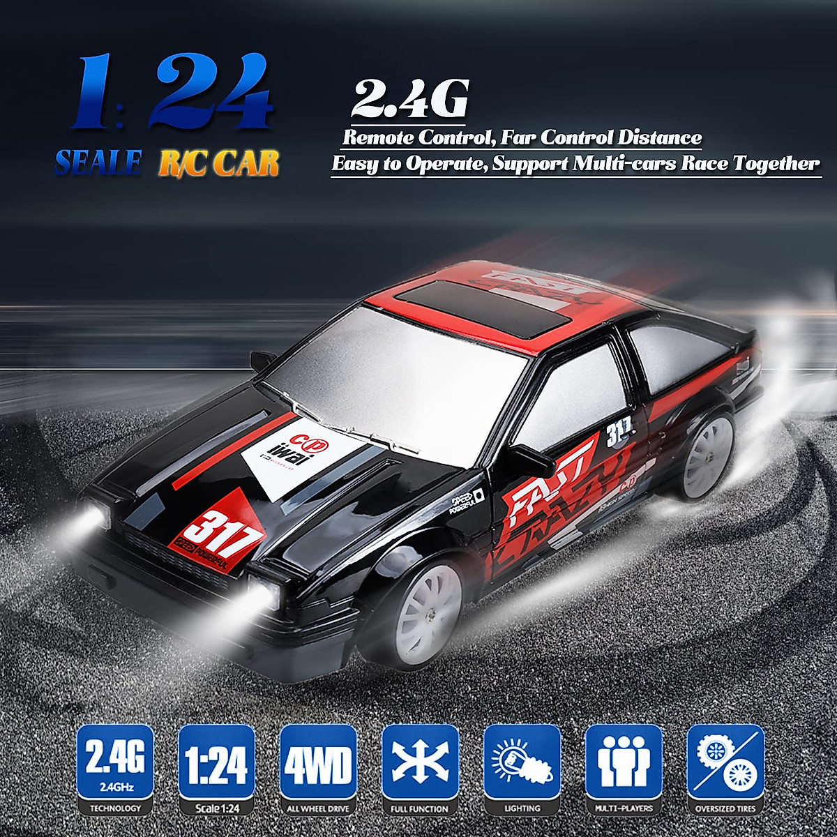 YUAN PLAN Remote Control Car 1/24 2.4GHz 4WD RC Drift Car, Rechargeable High Speed RC Cars with Cool Lights, Two Batteries and Extra Tires Birthday Gifts for Kids