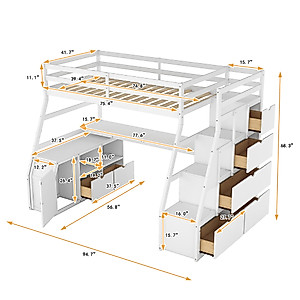 Harper & Bright Designs Twin Loft Bed with Stairs and Desk, Solid Wood Loft Bed Frame with Storage 7 Drawers 2 Shelves, for Kids Teens Adults (White)