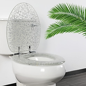 Resin Toilet Seat Elongated Soft Close Quick Release Heavy Duty Toilet Seats with Glitter Cover Acrylic Seats Silver Foil 19 Inch