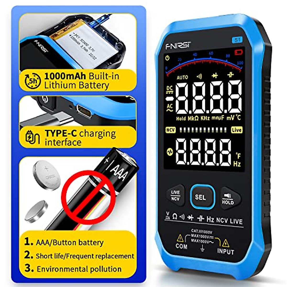 Digital Multimeter FNIRSI S1 Smart Electrical Tester NCV Measures AC/DC Voltage Resistance Continuity Capacitance Temperature Frequency Diode Live Wire Auto Measurement 9999 Counts TRMS