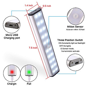 Rechargeable Motion Sensor Led Lights Under Counter Closet Lighting Battery Operated Lights Kitchen 20-Led Under Cabinet Lighting Closet Light Stick On Lights Night Lights Wireless Light (3 Pack)