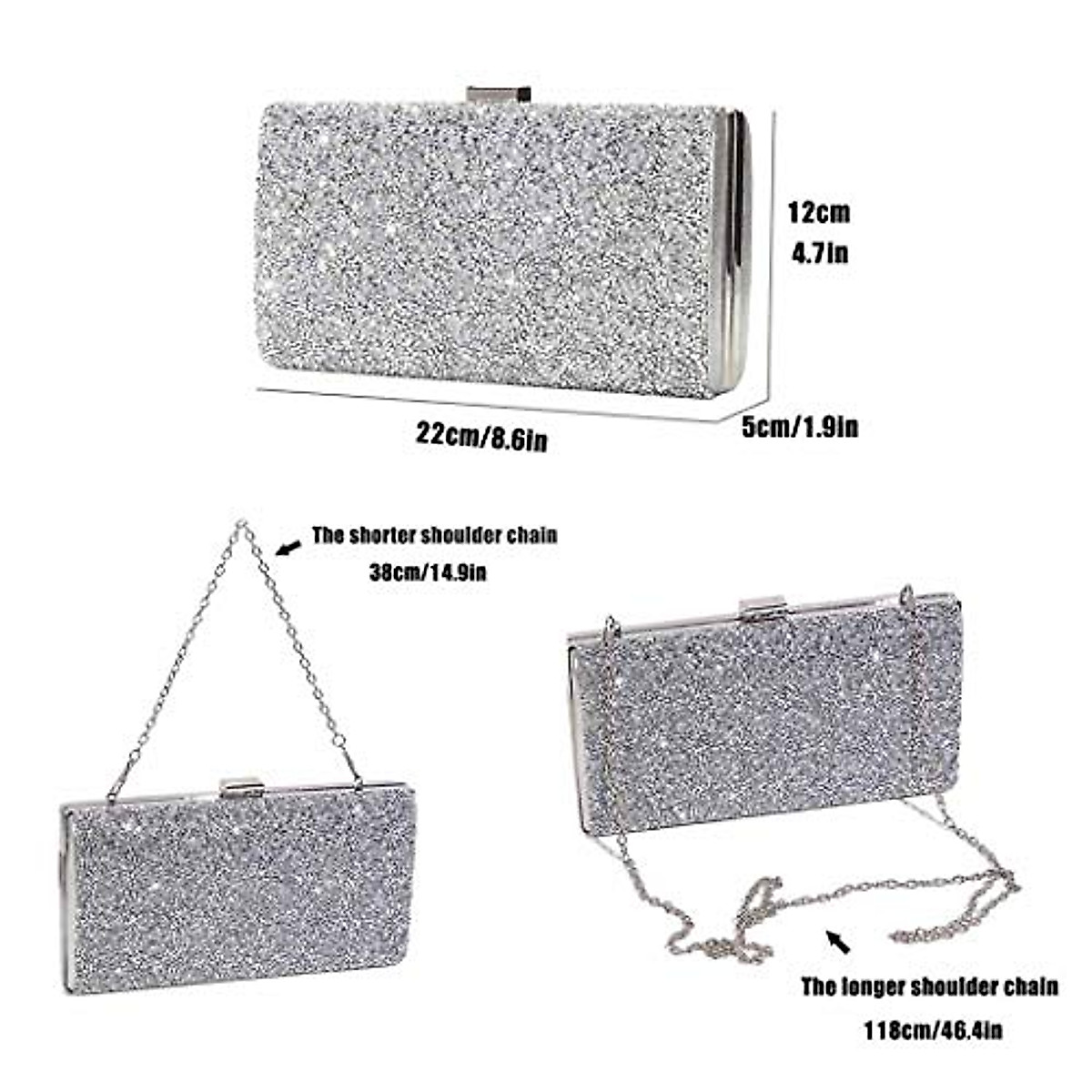 ELABEST Glitter Evening Clutch Bag Rhinestone Handbag Crossbody Purse Wedding Party Bag for Women and Girls (Single-sided silver crystal)