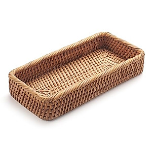 Rattan Bathroom Vanity Trays Toilet Tank Baskets Long Narrow Hand Towel Storage Basket for Storage, Decorative (Natural 10.2 x 4.9 x 1.8 inch)