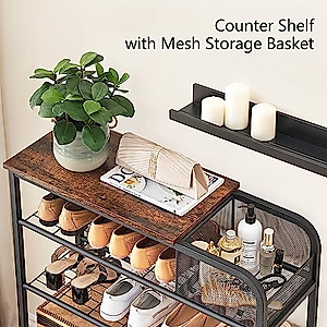 IDEALHOUSE Shoe Rack for Entryway, 5 Tier Shoe Storage Shelves with Mesh Storage Basket, 16-20 Pairs Shoe Organizer with Wooden Top Shelf for Closet, Hallway, Entryway, Rustic Brown