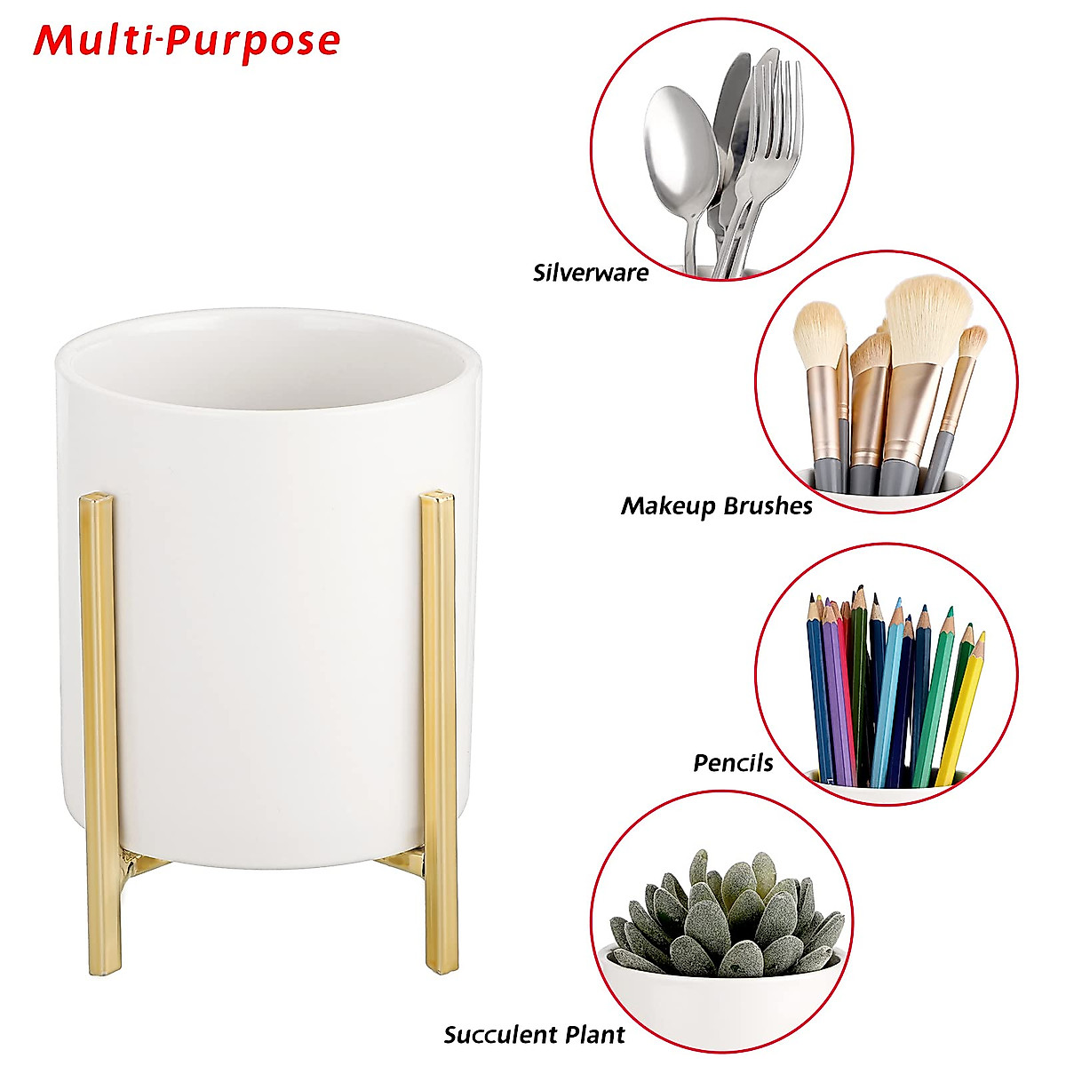 JUXYES Pack of 3 Ceramic Silverware Holder For Table Setting, White Cutlery Holder Holder With Golden Metal Bracket, Small Flatware Caddy Organizer Utensil Holder Organizer for Kitchen Dining Tables