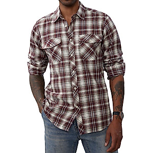PJ PAUL JONES Mens Casual Button Down Shirts Flannel Plaid Cotton Regular Fit Long Sleeve Shirts Red White Large