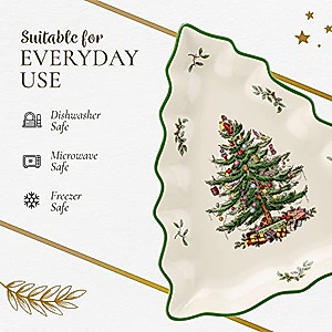 Spode Christmas Tree Collection Tree Shaped Dish, 10-Inch, Made of Porcelain, Serving Dishes, Christmas Tree Design, Green/Beige, Dishwasher and Microwave Safe