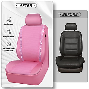 CAR PASS Bling Car Seat Covers, Shining Rhinestone Waterproof Faux Leather Pink Car Accessories Two Front Only Universal Fit Auto Glitter Crystal Sparkle Strips for Cute Women Girl, Pink Diamond