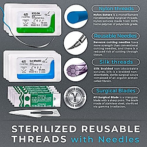 Complete Sterile Suture Practice Kit for First Aid Field Emergency and Medical Students Training - Including Large Silicone Suture Pad and Sterilized Suture Tools Threads and Needles
