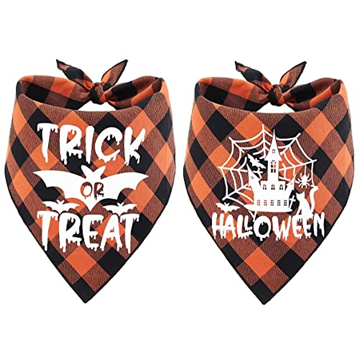 Glow in The Dark Halloween Dog Bandana Scarf, 2 Pack Holiday Fall Dog Bandanas Plaid Triangle Reversible Scarves Bibs for Small Medium Large Dogs Pets
