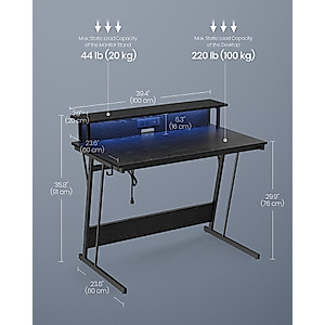 VASAGLE LED Gaming Desk with Power Outlets, Computer Desk with USB Ports, Office Desk with Monitor Stand for 2 Monitors, with Hooks, for Bedroom, 23.6 x 39.4 x 29.5 Inches Ebony Black ULWD091B56