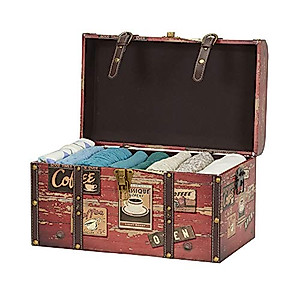 Household Essentials 9245-1 Medium Decorative Home Storage Trunk - Luggage Style - Coffee Shop Design , Orange