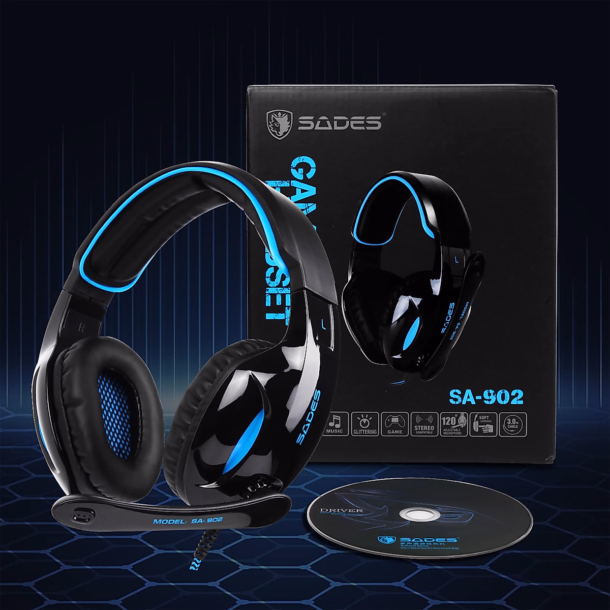 SADES SA902 Stereo Gaming Headset 7.1 USB Surround Sound PC Headsets Over-Ear Gaming Headphones with Microphone LED Light Black Blue