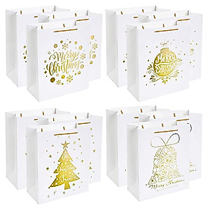 UNIQOOO 12Pcs Large White & Metallic Gold Foil Gift Bags, 4 Assorted Xmas Tree Snowflake Designs, Perfect for Christmas Thanksgiving New Year Party Favor