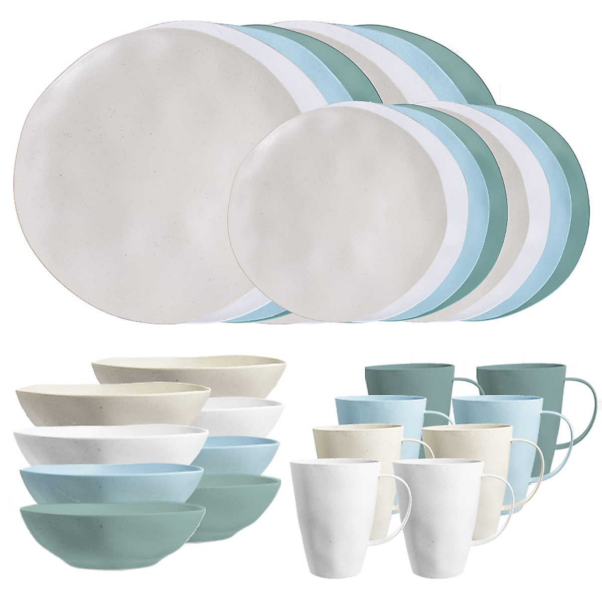 Supernal 32pcs Wheat Straw Dinnerware Sets,Dinnerware Sets for 8,Reusable Tableware Set,Irregular Plastic Plates, Microwave Dishwasher Safe,Unbreakable Dinnerware,16 Plates, 8 Bowls, 8 Cups