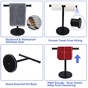 TocTen Hand Towel Holder Stand, T-Shape Hand Towel Rack for Bathroom Vanity Countertop, SUS 304 Stainless Steel Bath Towel Bar Stand with Heavy Duty Base (Matte Black)