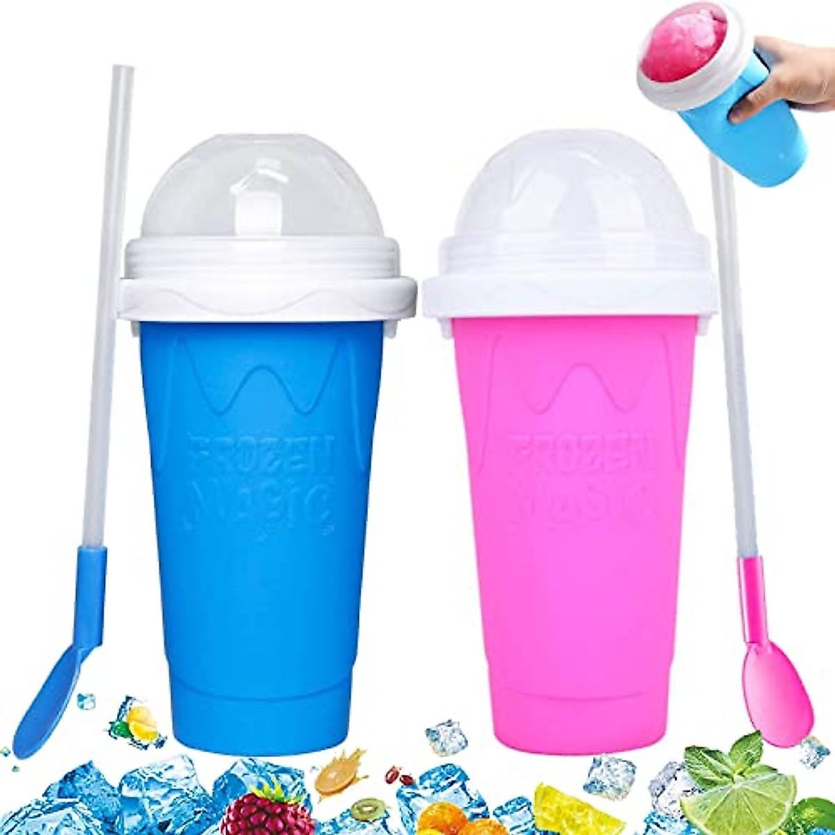 2 Pack Slushy Maker Cup, Frozen Magic Squeeze Cup, Magic Quick Frozen Smoothies Cup, Portable Double Layer Slushy Maker Cup, Slushie Machine with Straw and Spoon(Blue and Pink)