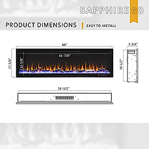 FIREBLAZE Sapphire 60 Electric Fireplace - Faux Fireplace with Various Flame Color Combinations - Recessed Installation - Remote Control Operated, Safe for Daily Use - 60 Inch Wide Wall Mount Heater