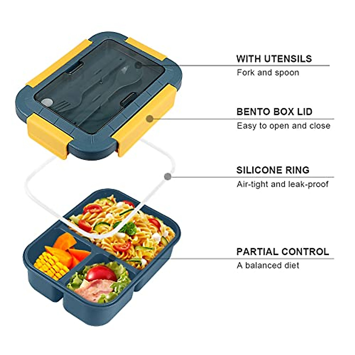 Iteryn Bento Box, Bento Box for Adults, 49 OZ 3 Compartments Bento Lunch Box with Spoon & Fork, Leakproof Bento Box, Microwave Safe