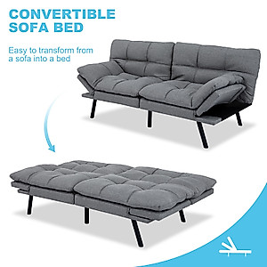 MUUEGM Convertible Futon Sofa Bed, Comfy Loveseat Sleeper Sofa with Adjustable Backrest &Armrest, Strengthen Wood, Small 2 Seater Couch for Living Room, Bedroom（Light Grey,Fabric）