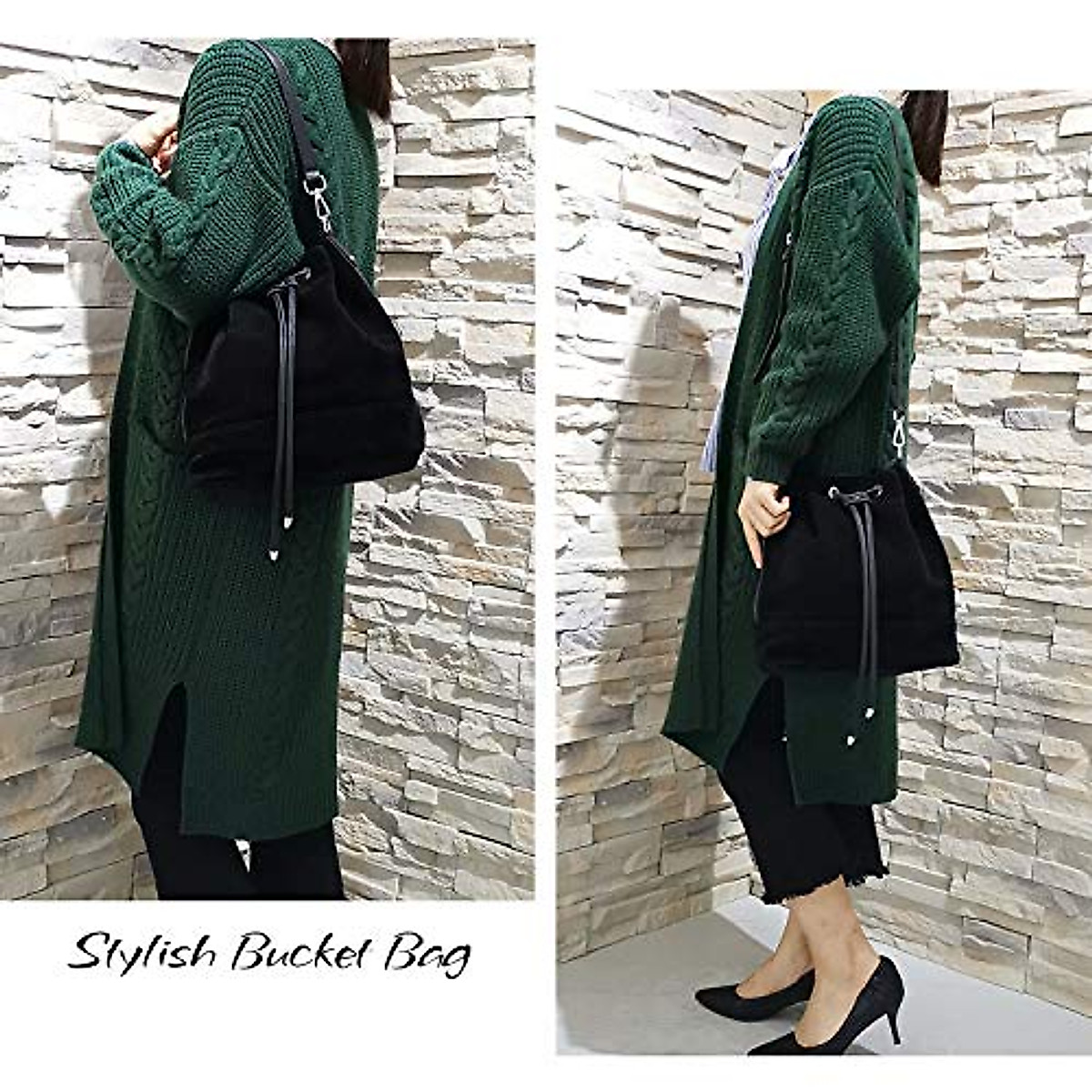 AFKOMST Bucket Bags and Purses For Women Drawstring Hobo and Shoulder Handbags with 2 Detachable Straps