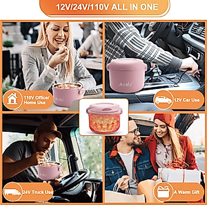 Aotto Electric Lunch Box, 50/70/80W 3 in 1 Portable Food Warmer Heated Lunch Boxes for Adults, 12V 24V 110V Food Heater for Car/Truck/Travel/Office/Work/Home 32oz Leakproof Mini Personal, Pink