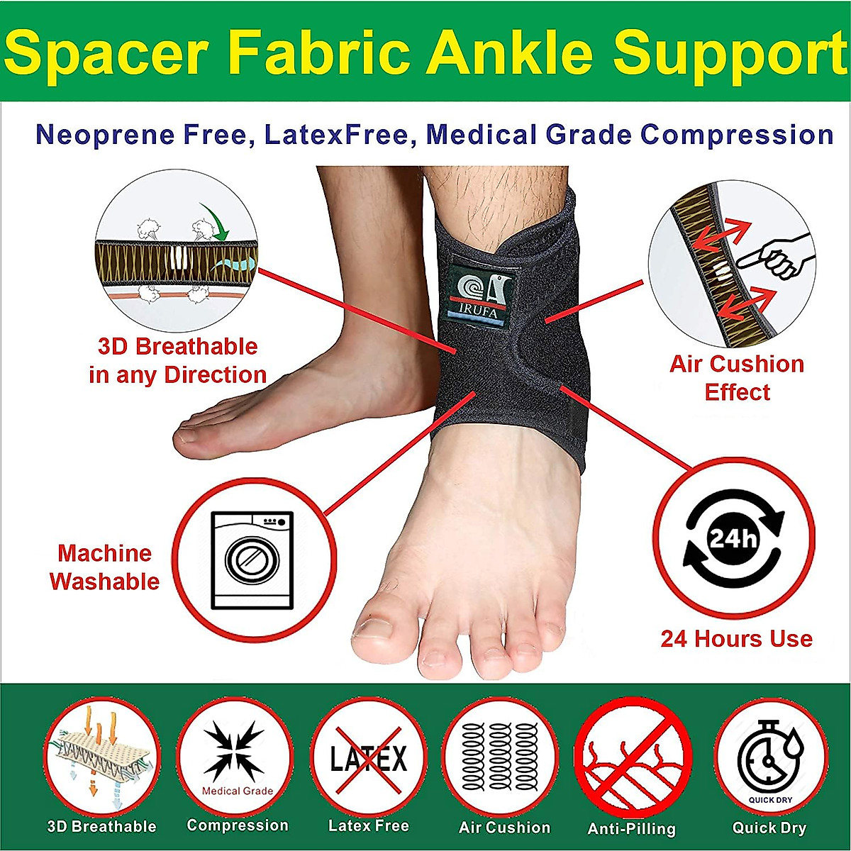 IRUFA, AN-OS-12,3D Breathable Patented Spacer Fabric Adjustable Athletics Achillies Tendon Ankle Wrap, Plantar Fasciitis, Pain Relief for Sprains, Strains, Arthritis and Torn Tendons