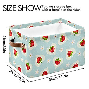 xigua Strawberry Pattern Storage Bins Foldable Fabric Storage Basket with Leather Handles for Organizing Closet, Shelves, Nursery Toy, Laundry Room (1 Pcs, 14.2" x 10.2" x 8.3")
