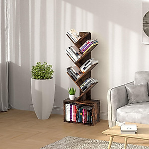 ART-GIFTREE 6 Tier Tree Bookshelf, Sturdy Retro Floor Standing Wood Bookcase, Storage Rack for Home Office, Living Room, Bedroom, Reading Spot, Heavy Book Organizer Shelves for CDs/DVDs/Movies