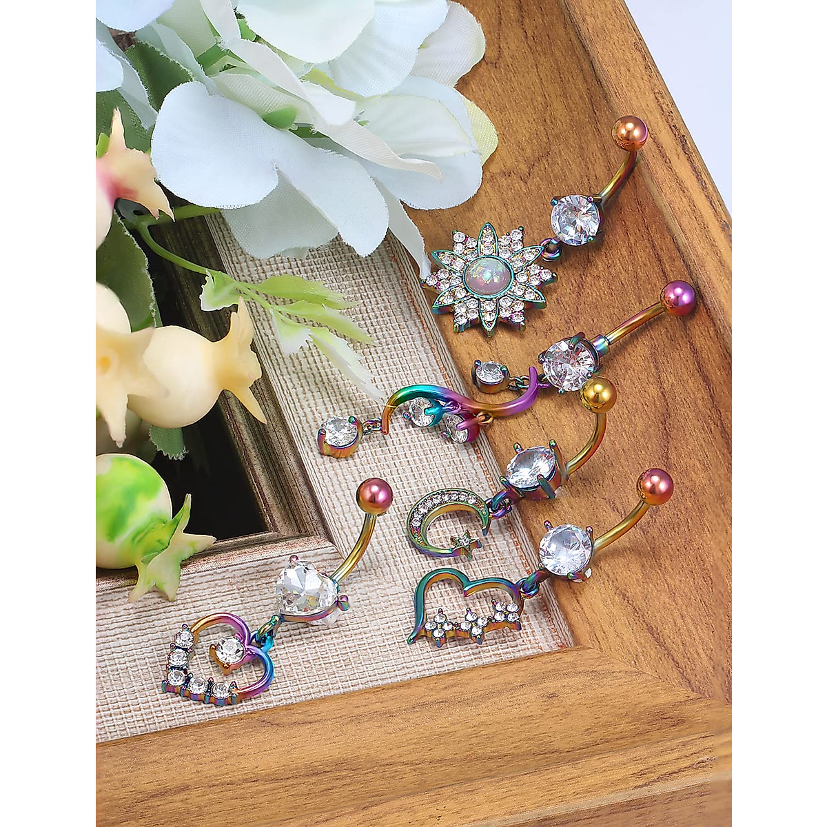 kwoencxi 14G Belly Button Ring for Women Stainless Surgical Steel Long Dangle Curved Hypoallergenic Belly Navel Ring Barbells Bar Belly Piercing Jewelry for Women Colorful 10mm CZ Diamond Gem