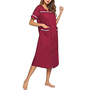 Ekouaer Womens Snap Front Dusters Cotton Housecoat Short Sleeve Nightgown House Dress With Pockets Wine Red S